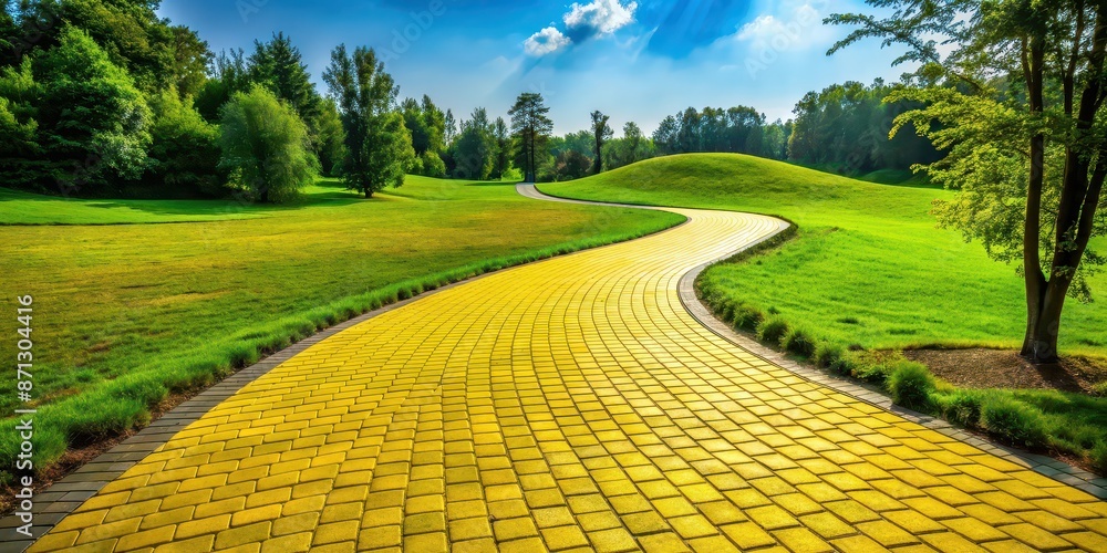 Bright yellow brick road winding through a lush emerald green landscape ...