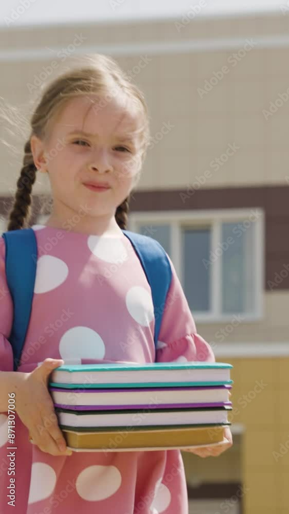 little girl goes school holding books her hands, kid child girl ...