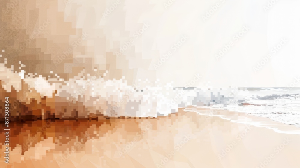 Paradise beach in abstract pixel art, sandy shores, digitized memories ...