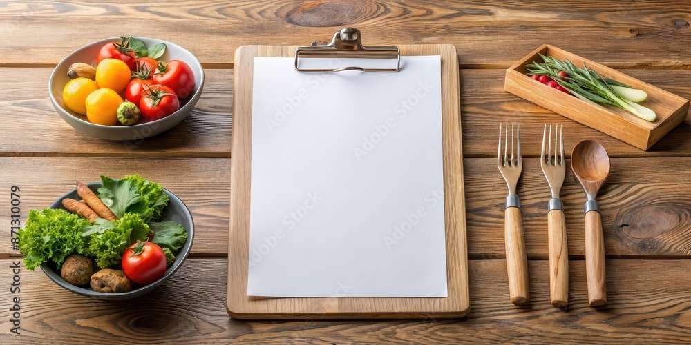 Clipboard with A4 blank paper for creating food menu mockups and more ...