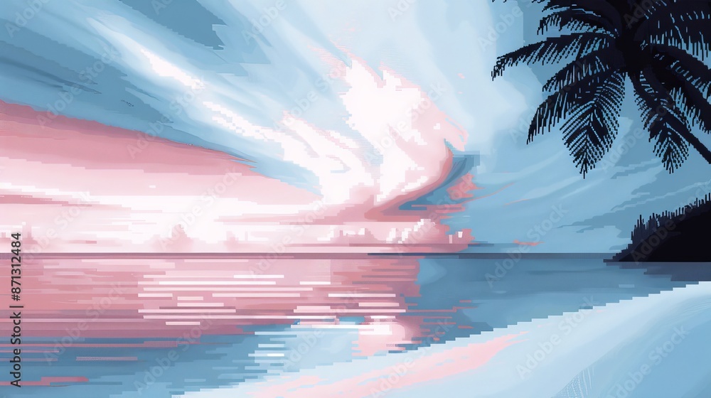 Abstract pixel art depicting a tropical beach, sandy paradise ...