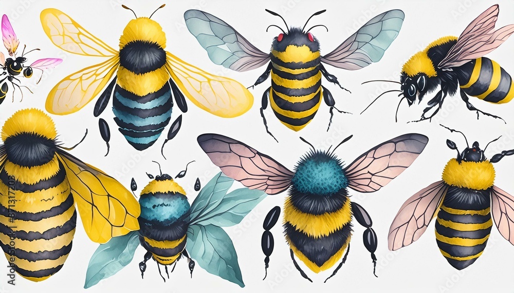 watercolor illustration, assorted bumblebees, wild insect clip art ...