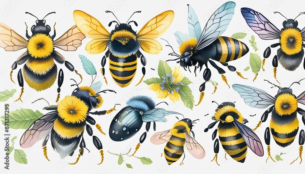 watercolor illustration, assorted bumblebees, wild insect clip art ...