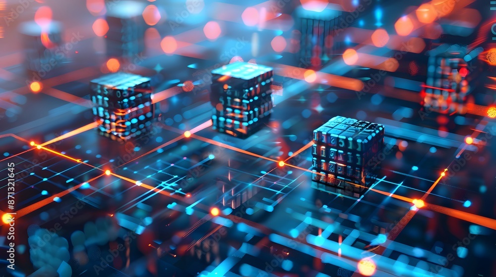 Blockchain network with interconnected nodes and data flow., clean ...