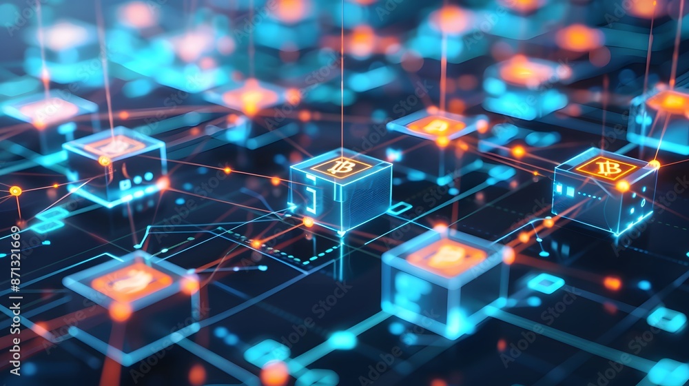 Blockchain network with interconnected nodes and data flow., clean ...