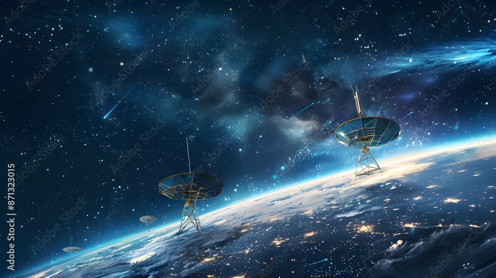 Satellite communication antennas receiving signals from space., clean ...