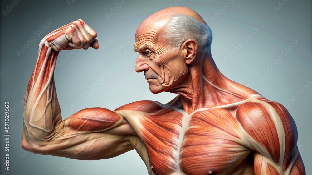 Loss of muscle tone and elasticity due to aging illustrated by a ...