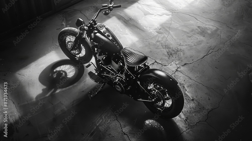 Stylish Flat Lay of Bohemian Cruiser Motorcycle in Monochrome with High ...