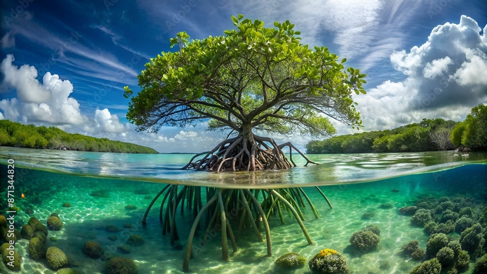 Mangrove tree over and under water surface, green foliage above ...