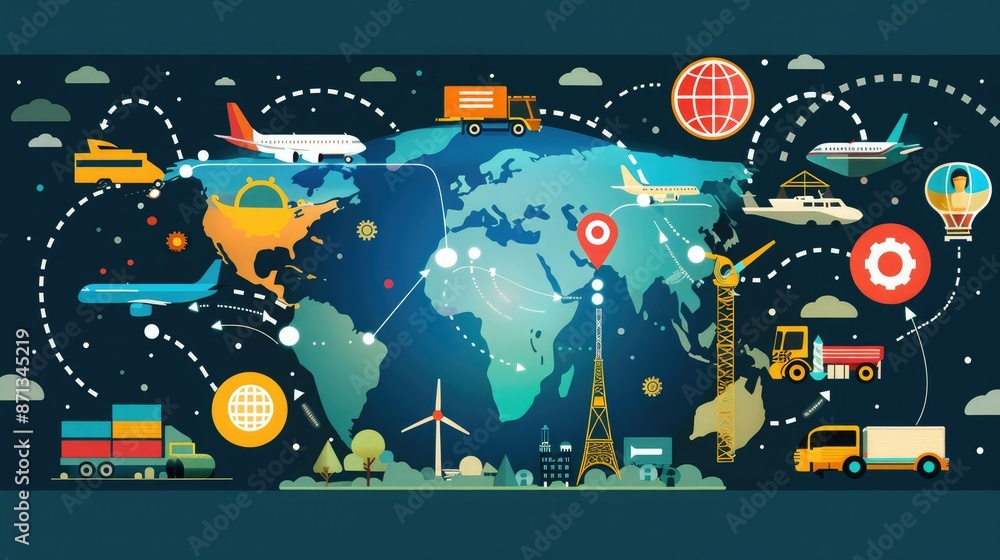 Illustrated global logistics and transportation network with different ...