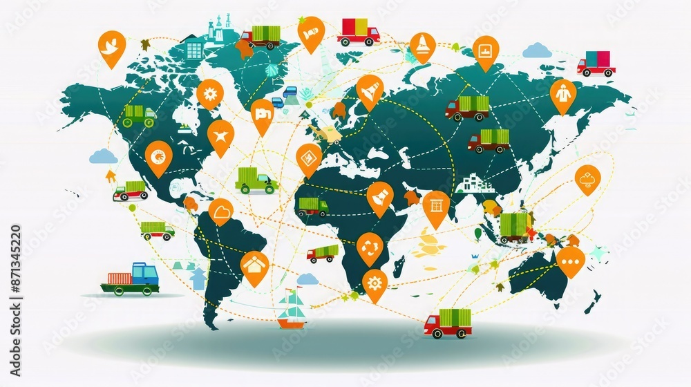 Global logistics and transportation network illustrated on world map ...