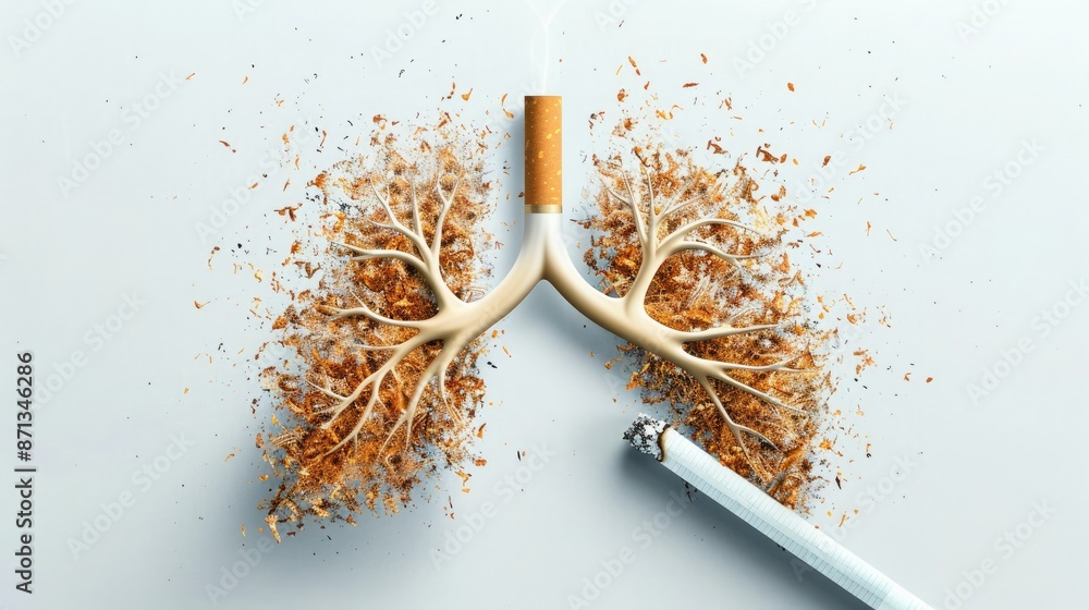 Artistic representation of cigarette smoke damaging lungs, highlighting ...