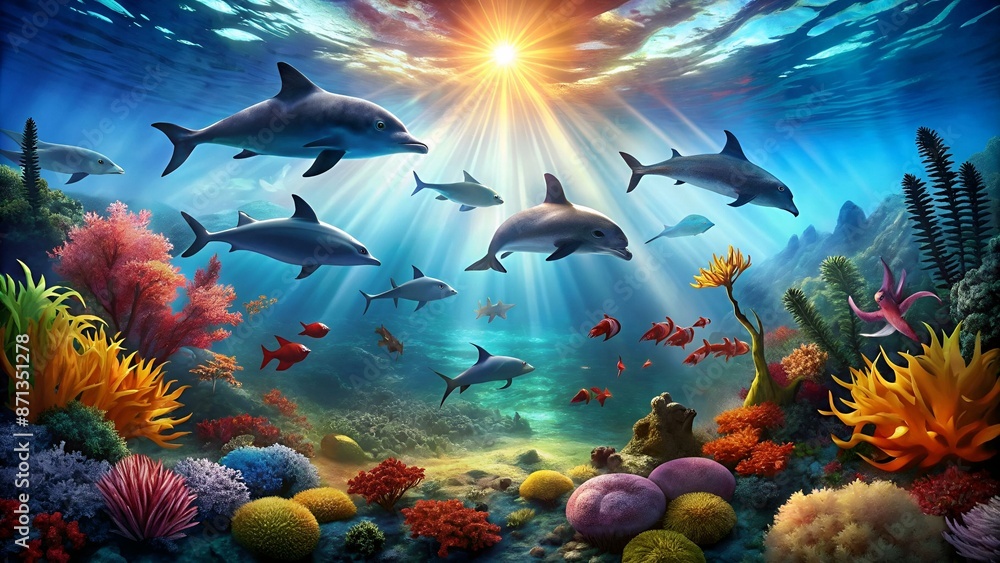 Dolphin silhouettes, seaweed and reef, fish school on underwater ...