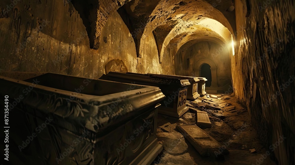 Ancient underground crypt with old stone tombs and crumbling walls ...