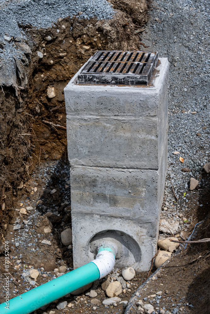 Newly installed storm water sewar connection, open hole in ground with ...