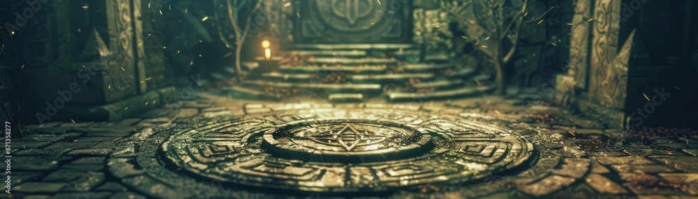 Ancient stone dungeon entrance with mystical symbols and eerie lighting ...