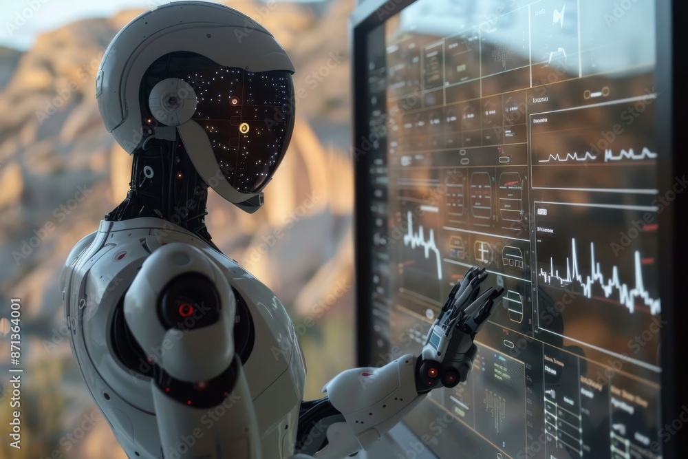 Future healthcare concept: humanoid medical robot analyzing virtual ...