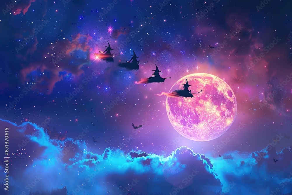 Three witches on broomsticks flying across a glowing pink full moon ...