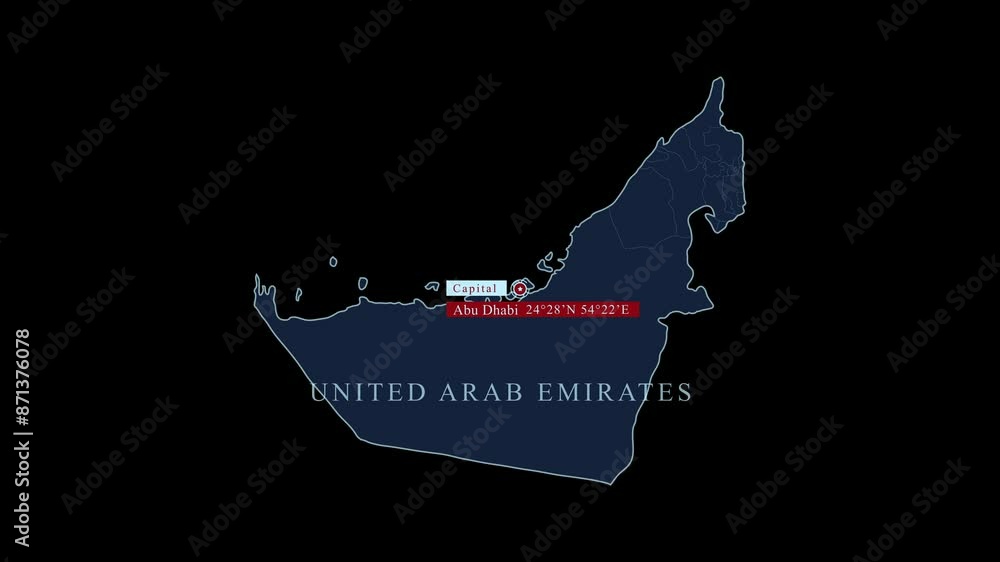 Blue United Arab Emirates map with Abu Dhabi capital city and ...