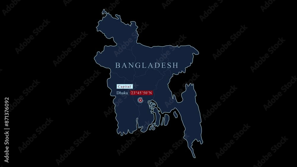 Blue stylized Bangladesh map with Dhaka capital city and geographic ...