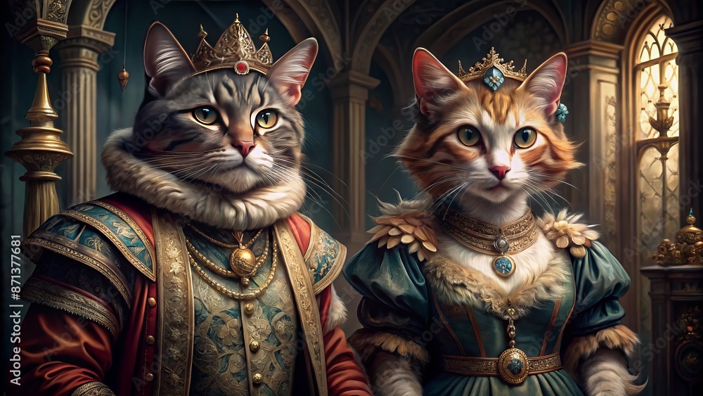 Regal feline duke and duchess, adorned with lavish medieval attire ...
