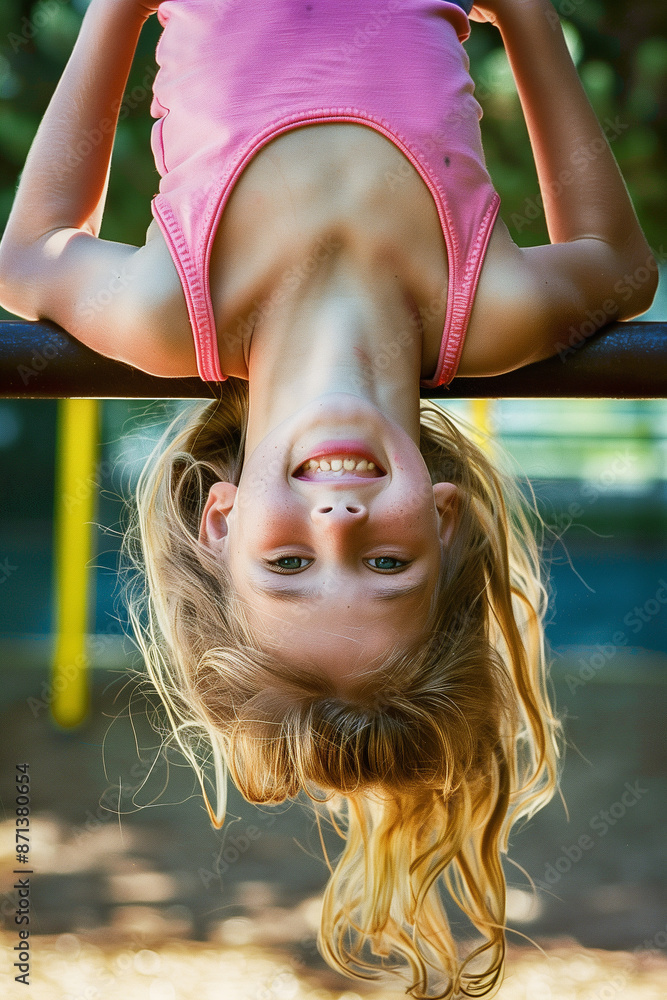 Young girl playing and hanging upside down from monkey bars in the park Stock Photo | Adobe Stock