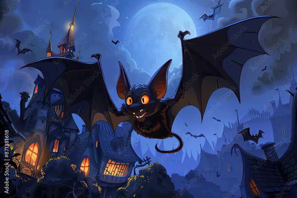Animated spooky bat flying over a haunted village at night with a full ...