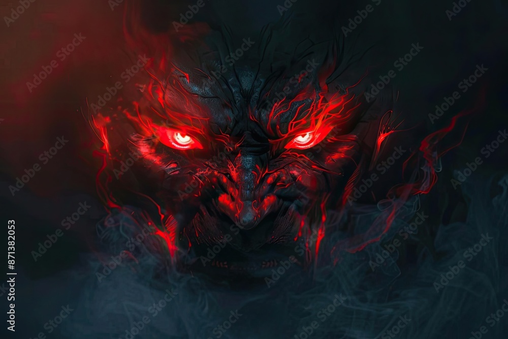 Dark demonic face with glowing red eyes emerges from the shadows and ...