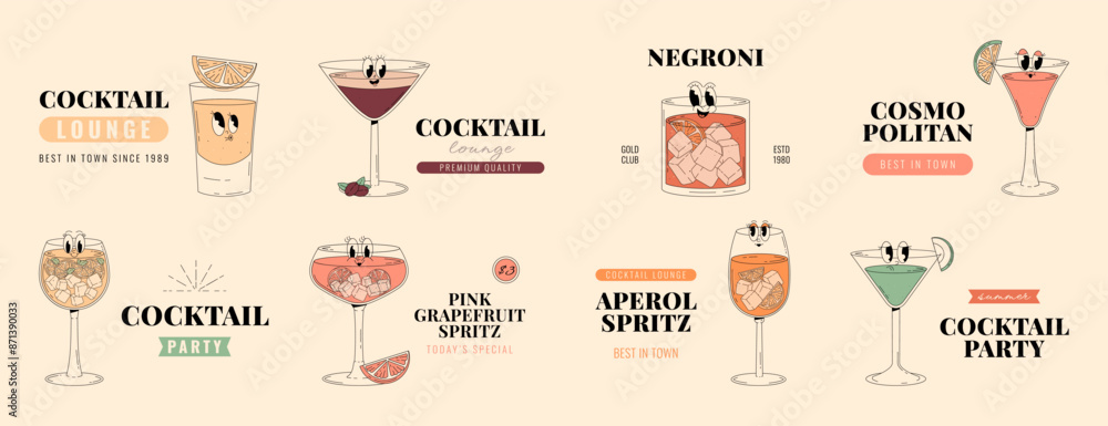 Groovy characters of cocktails and drinks, set of retro banners and ...