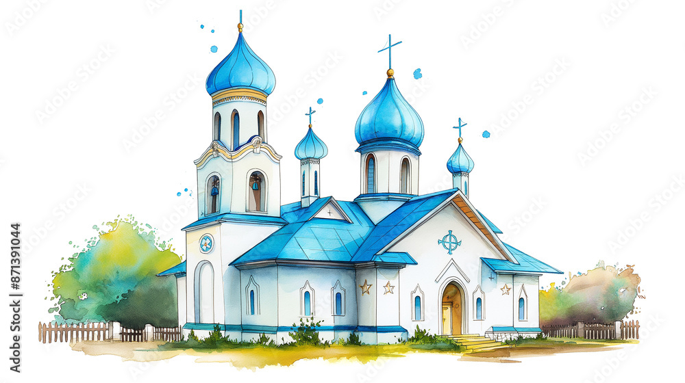 Watercolor vibrant cartoon-style church with blue and white decorations ...