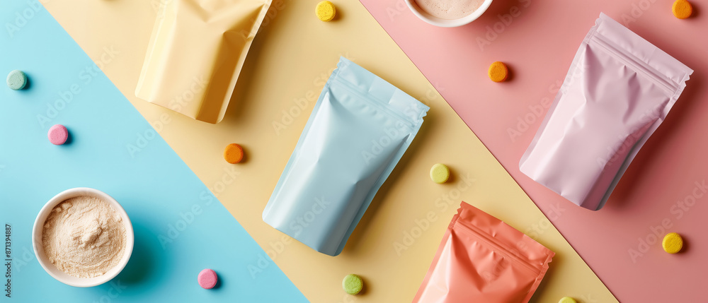 Colorful packaging pouches and candy on a vibrant background. Food and ...