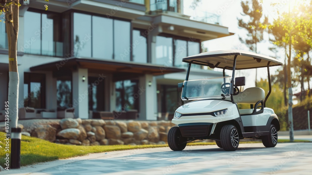 Modern, electric golf cart with high-tech features parked by the ...