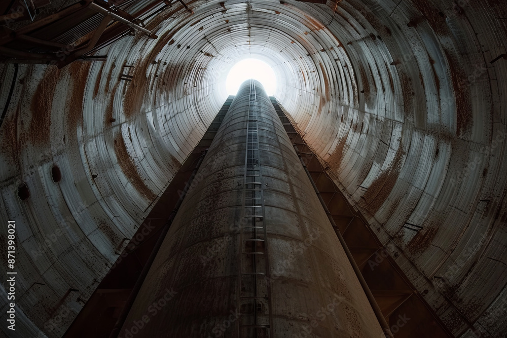 Shot from inside a silo, highlighting the towering height and stored ...