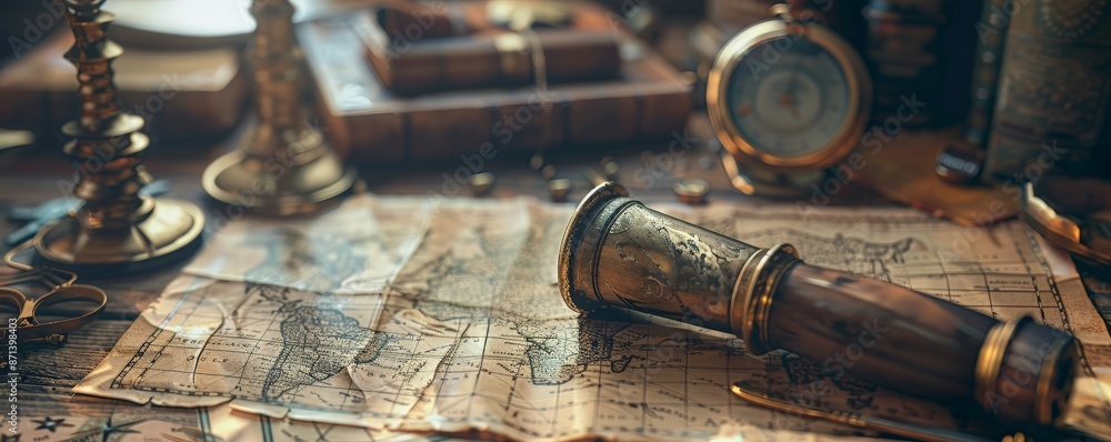 Vintage map with nautical instruments including a telescope and compass ...