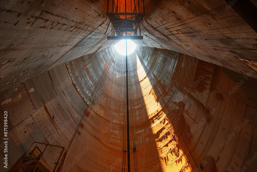 Shot from inside a silo, highlighting the towering height and stored ...