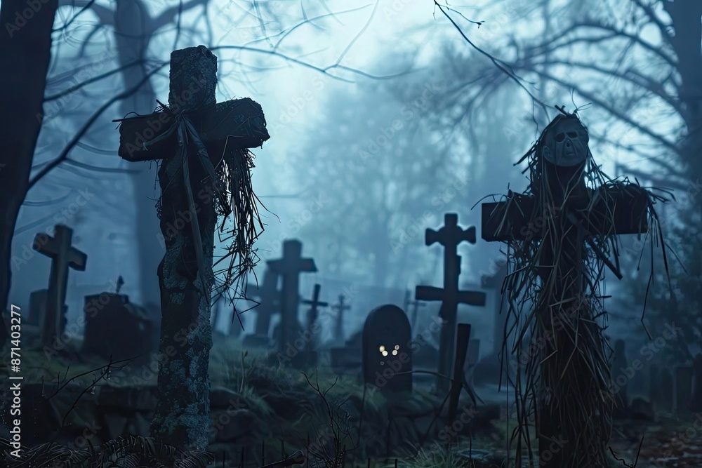Creepy, foggy graveyard with spooky crosses and eerie glowing eyes in ...