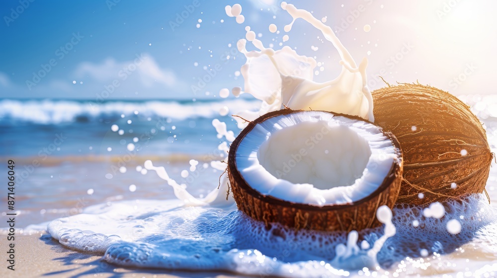 Coconut explosion on beach, milk splashes in blue sea, tropical coastal ...