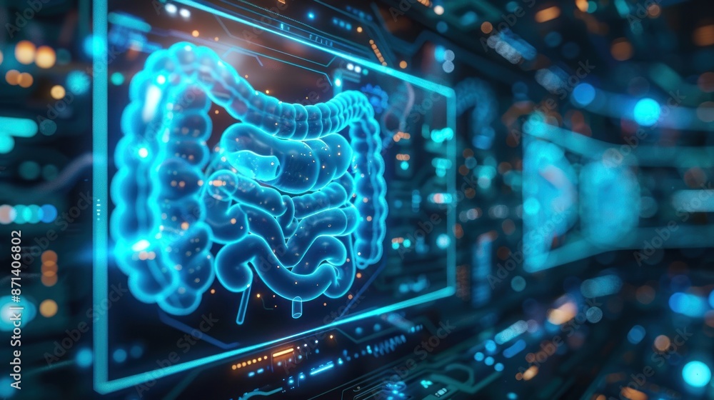 Holographic 3D visualization of human digestive system, translucent ...