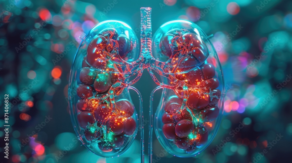 Holographic 3D depiction of human urinary system, featuring translucent ...