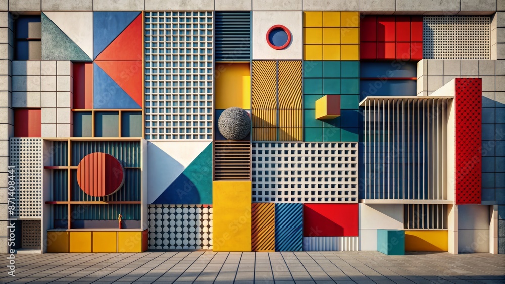 Minimalist composition featuring stark geometric shapes, grid patterns ...