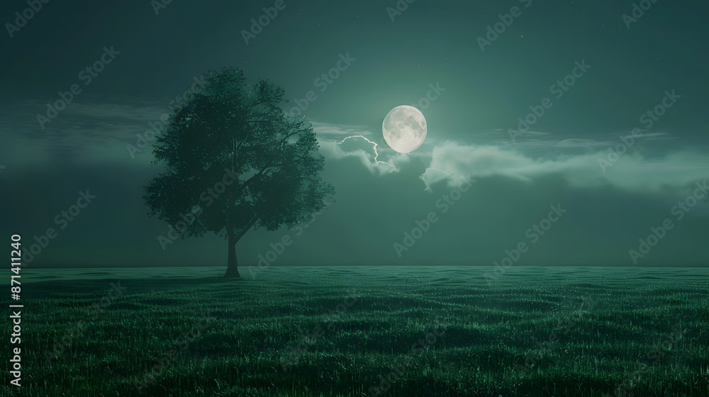 A green grassy field under the moonlight, with a single tree in the ...