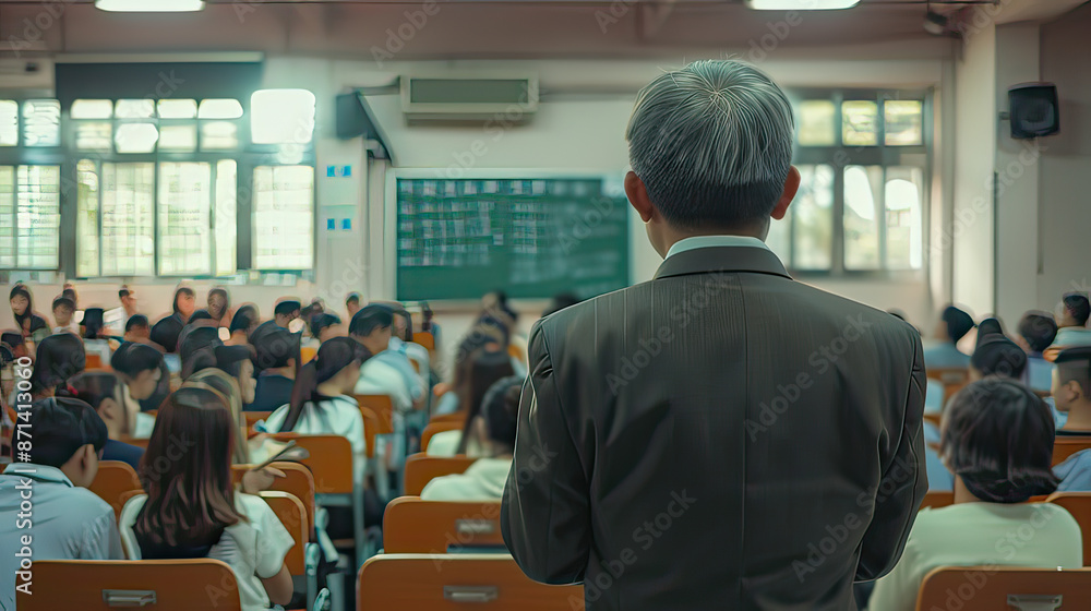 Back view of mature professor giving lecture to large group of college ...