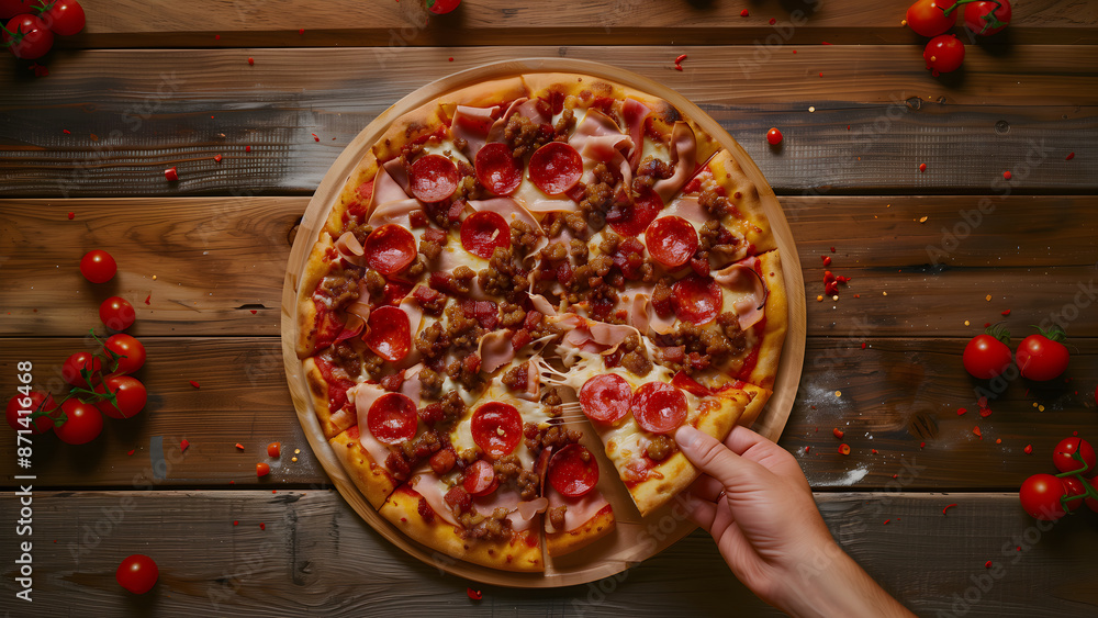 Meat lover pizza top view topped on the cozy wood table. A hand picked ...