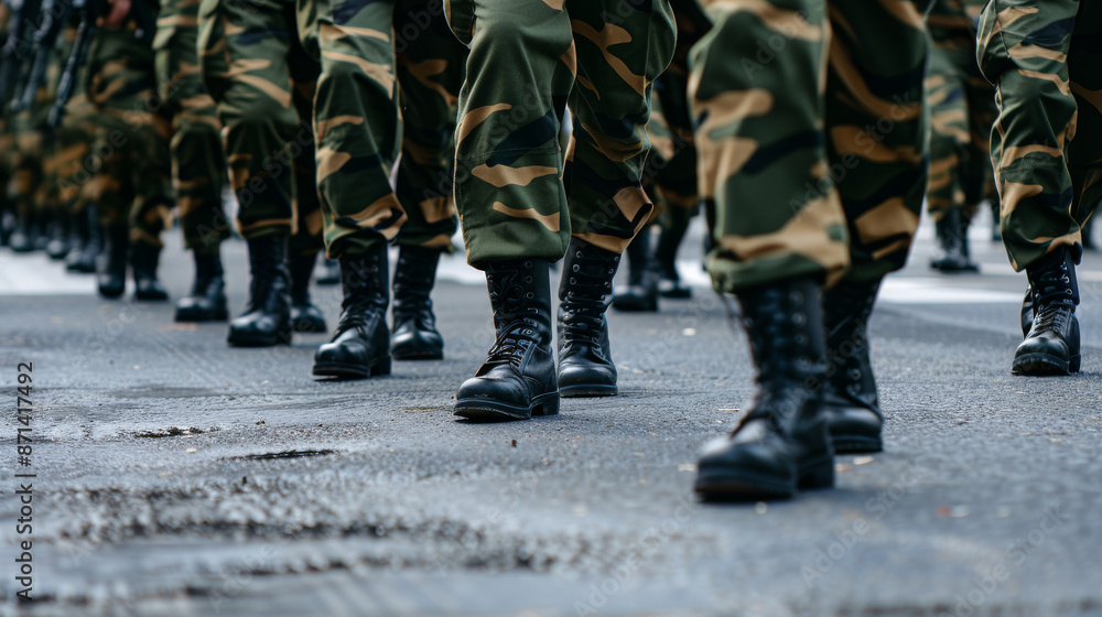 Soldiers in camouflage uniforms march in unison, their black boots ...