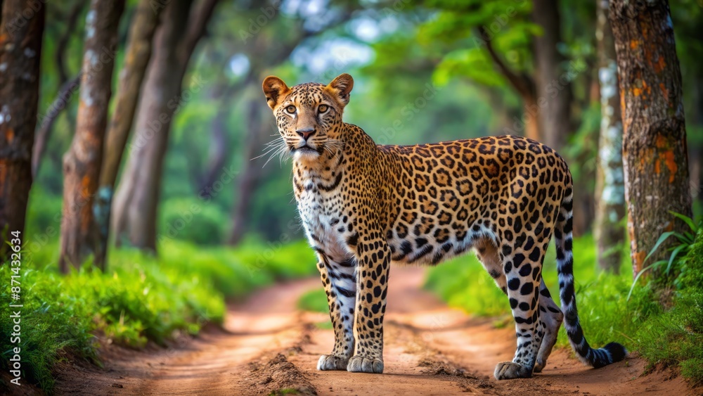Majestic Sri Lankan leopard stands poised in a serene tree-lined alley ...