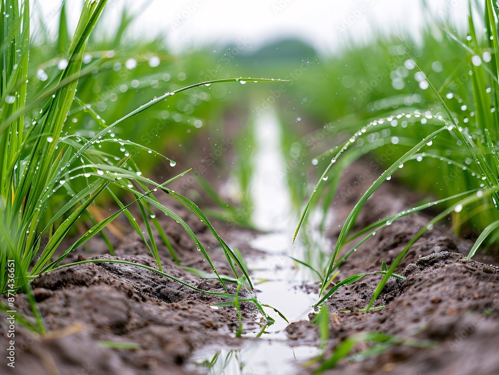 Detailed view of raindrops hitting the waterlogged soil between rows of ...