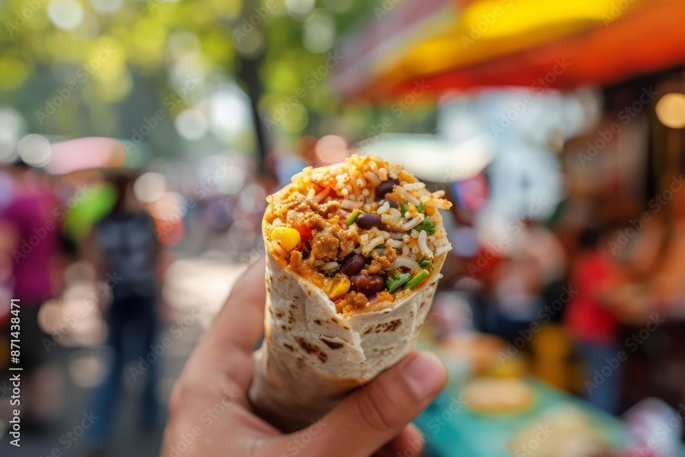 A human hand holding a tightly wrapped burrito with visible fillings of ...