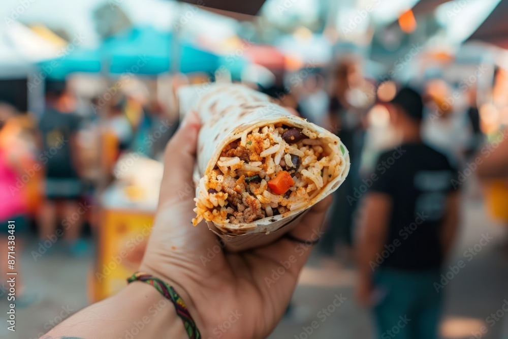A human hand holding a tightly wrapped burrito with visible fillings of ...