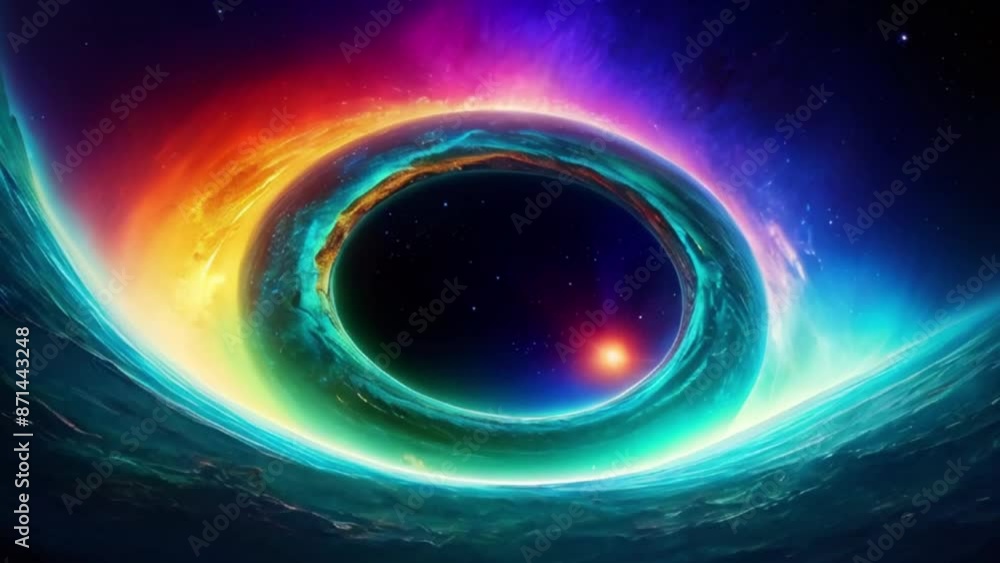 Circular portal in space,bending cosmos view, emitting bright blue ...