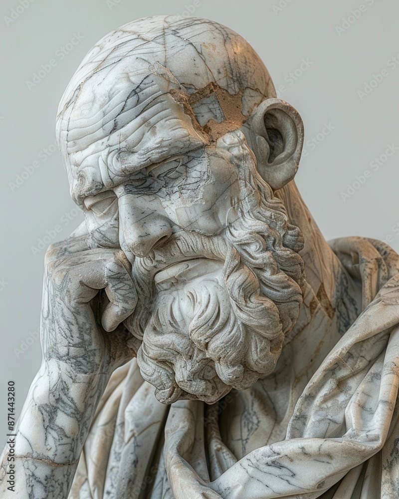 Headless marble sculpture of unknown philosopher in museum, white wall ...